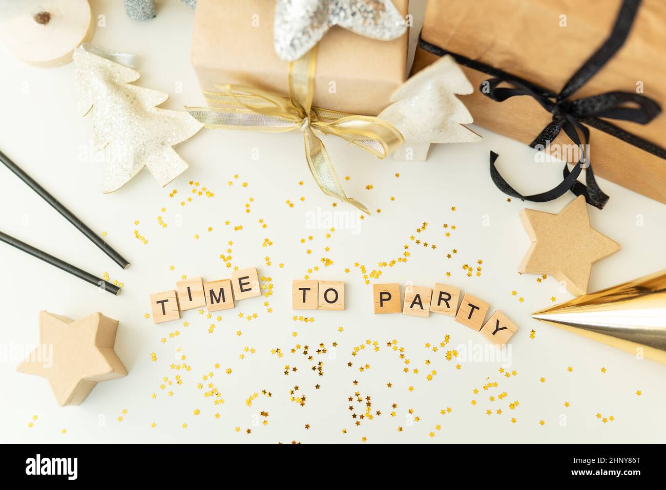 Christmas party time - confetti, gifts, tree, stars, glitter, ribbon ...