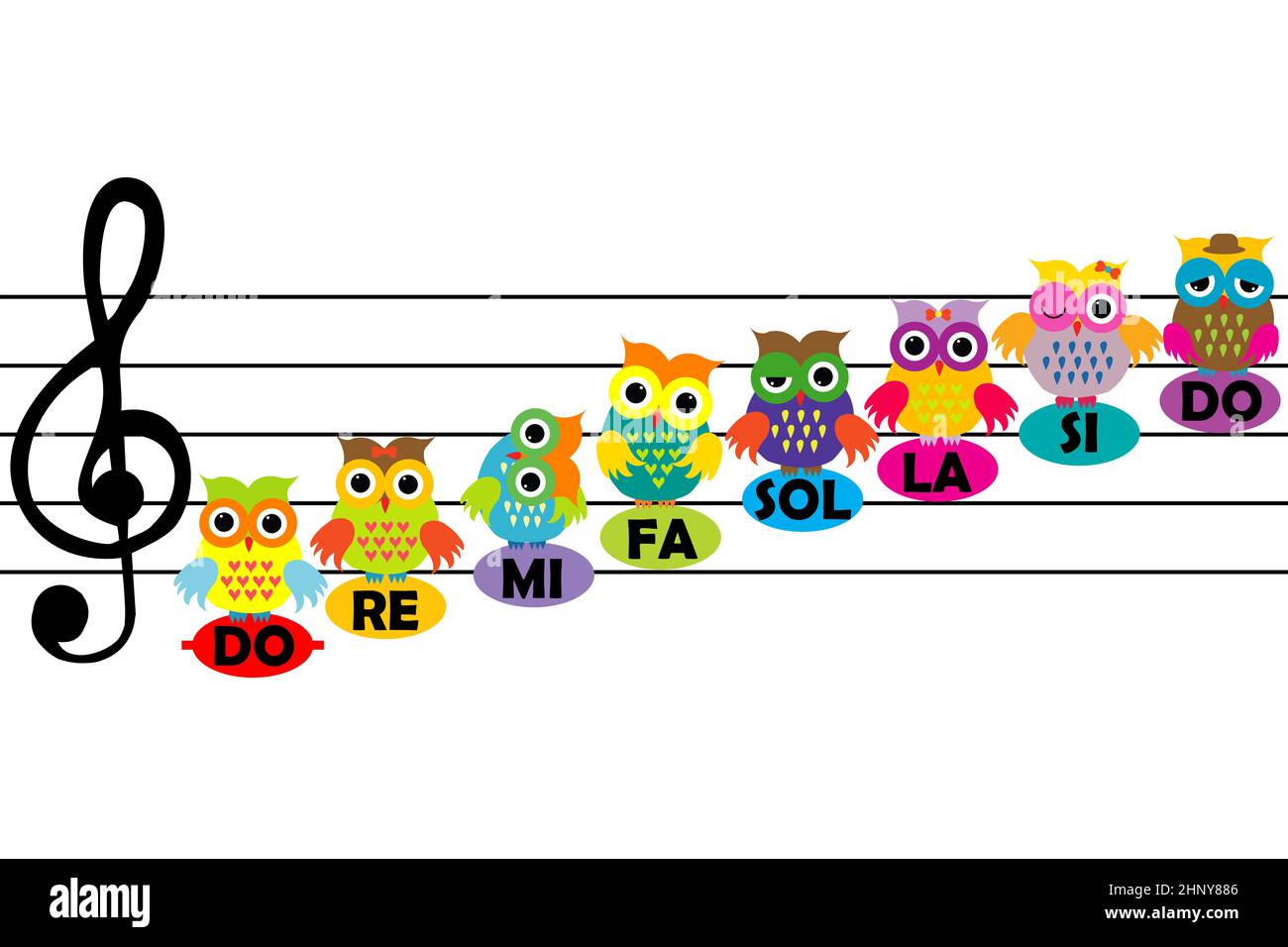 Musical background with cartoon owls on stave like music notes Stock ...