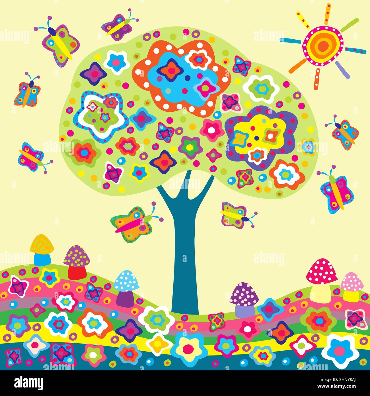 Whimsy spring background with flower tree, mushrooms and butterflies ...