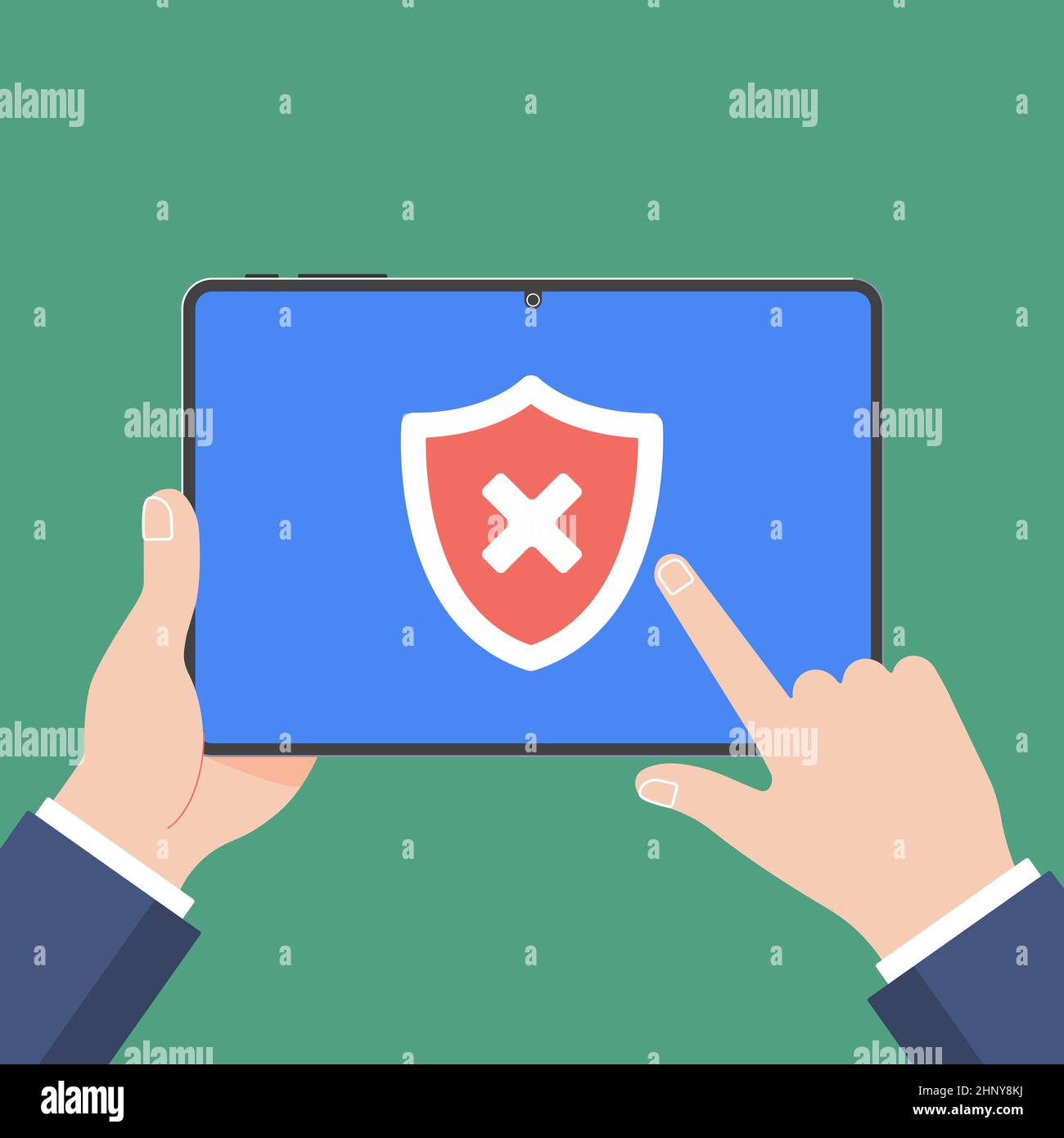 Hands holding black tablet with cross x shield isolated on green ...