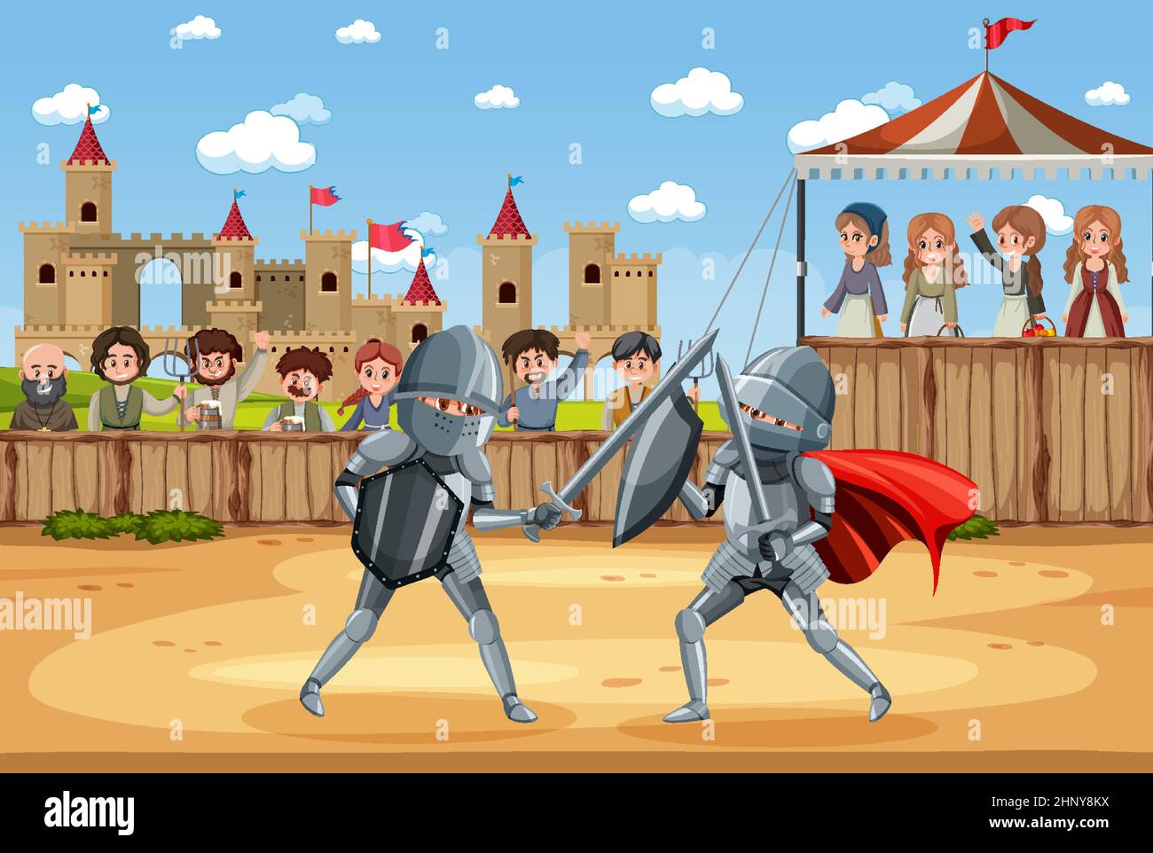 Medieval scene with two knights fighting together illustration Stock ...