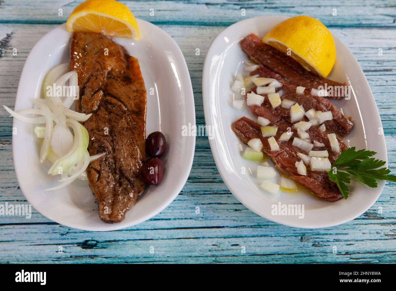 Various Greek and arab meze plates Stock Photo - Alamy