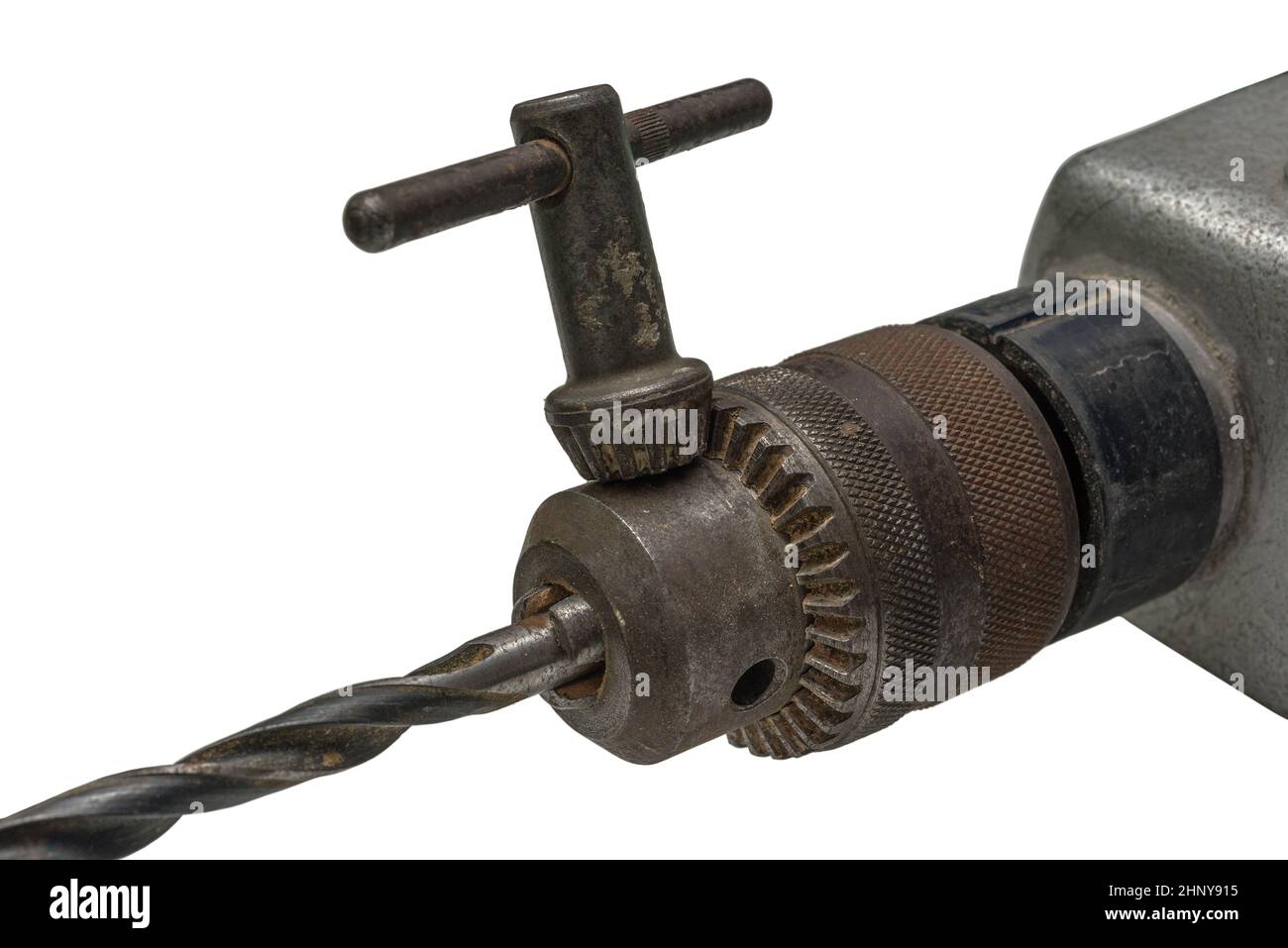Electric drill head with drill and drill key, isolated Stock Photo - Alamy