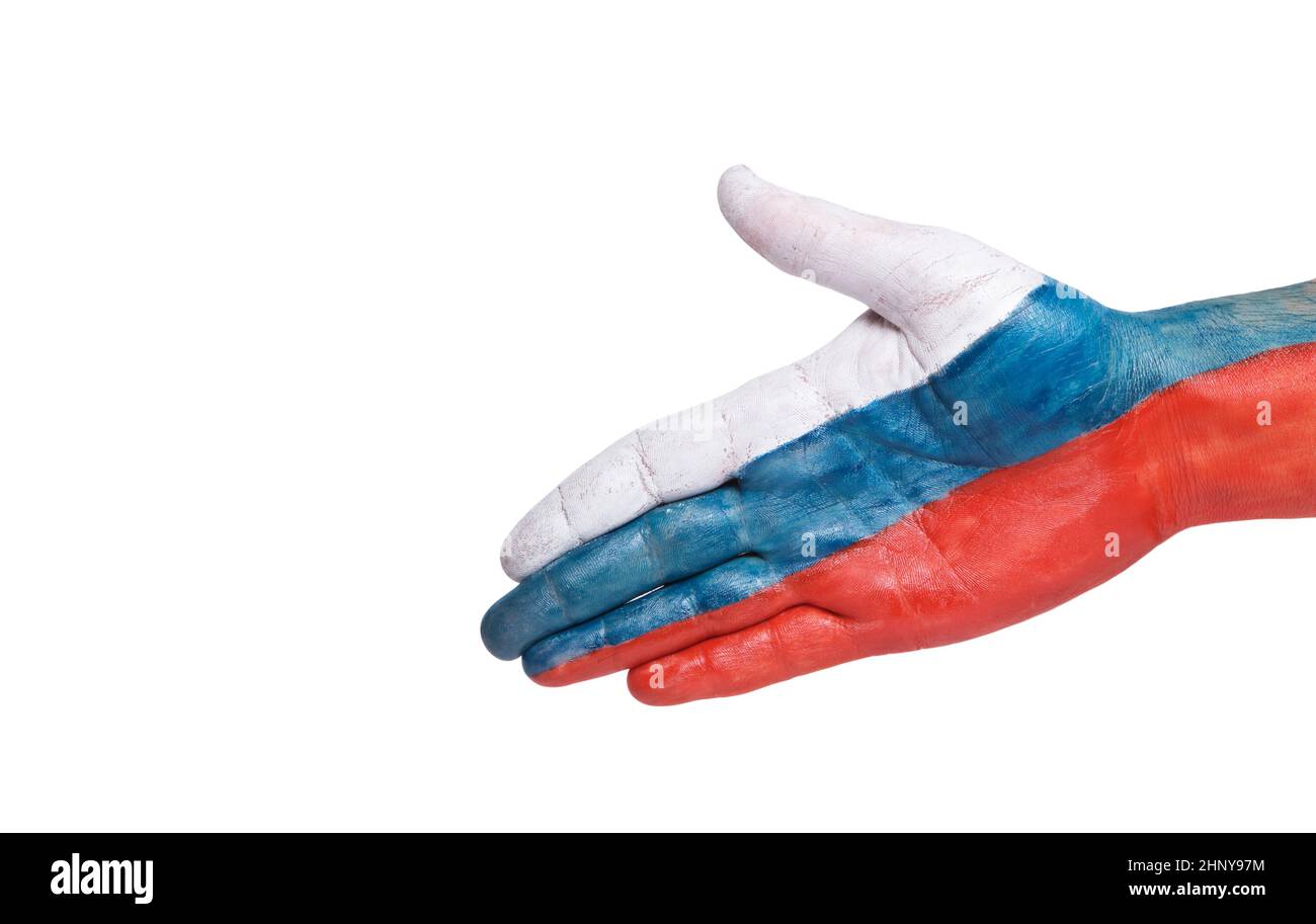 Human hand painted in national colors flag Russian Federation white ...