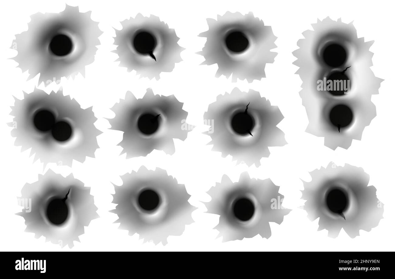 Realistic holes of gun bullets, shots in metallic wall. Shoot damage ...