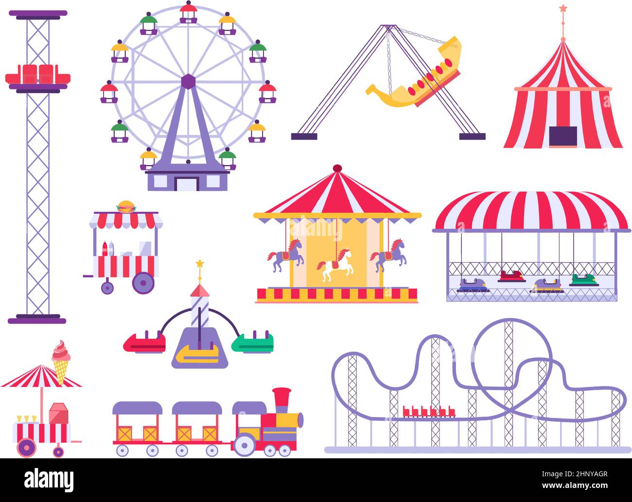 Carnival park attraction ride, train, roller coaster and horse carousel ...