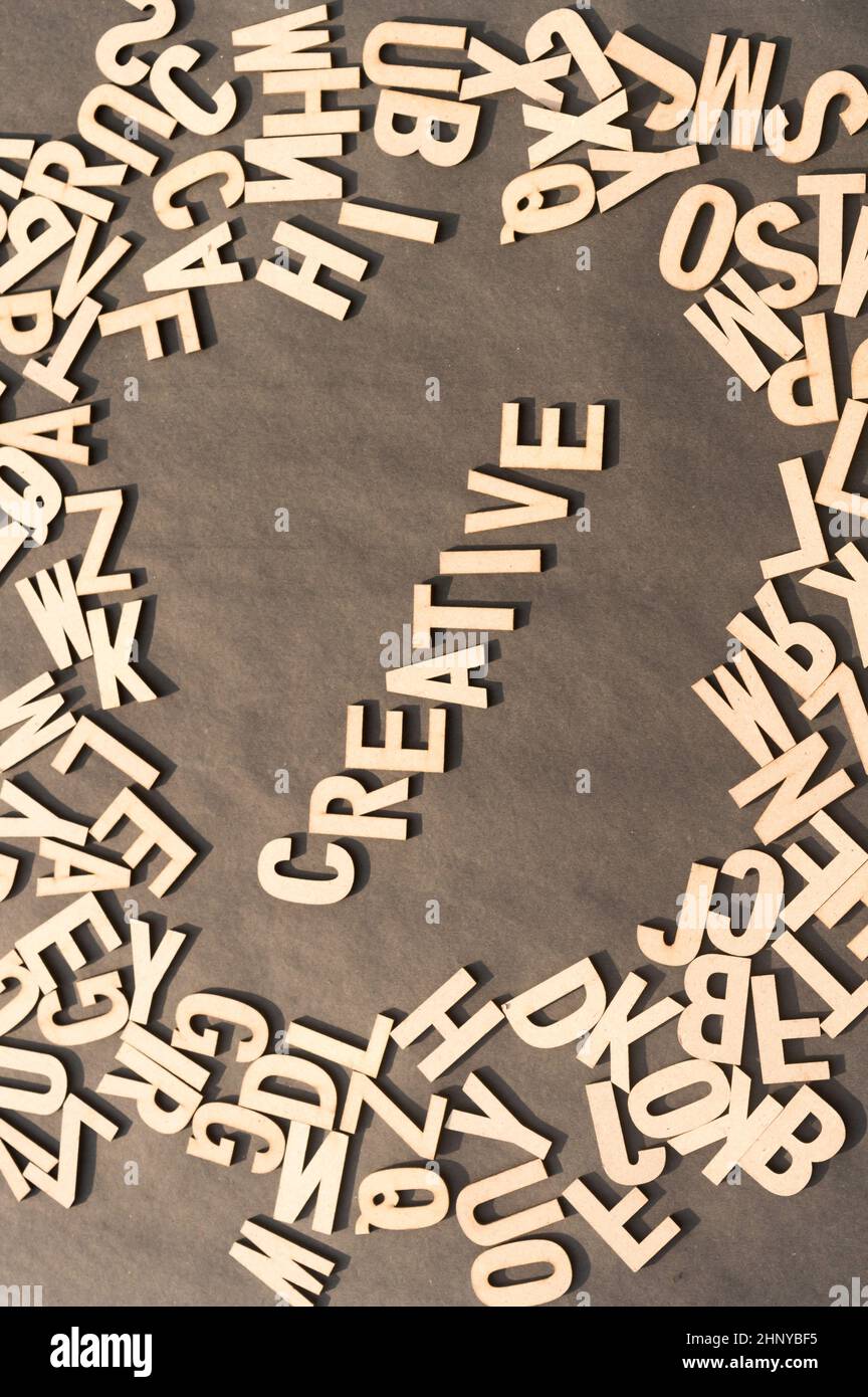 Creative Word In Wooden Cube Alphabet Letters Top View On A rustic ...