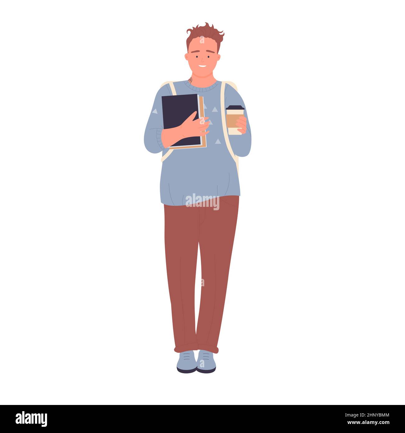 Cute student boy holding coffee and book. Standing posture of college ...