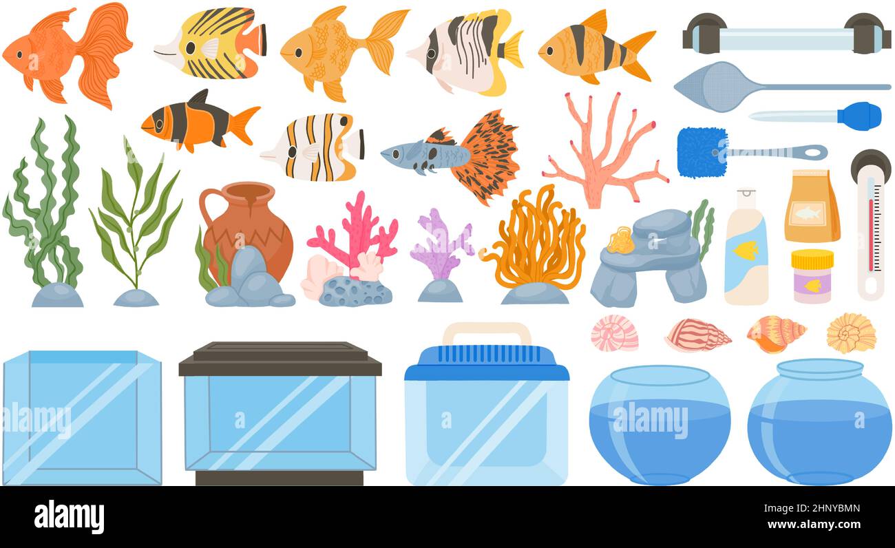 Cartoon aquarium fish, food, decoration, tank, tools and equipment ...