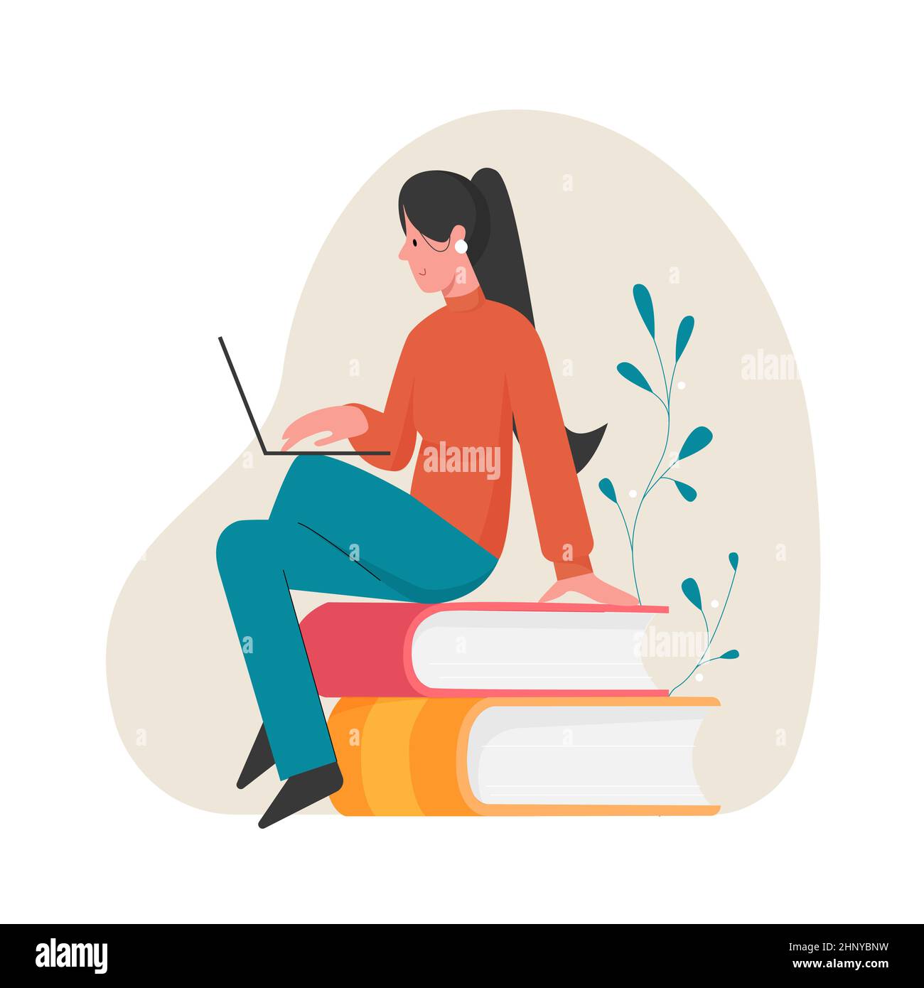 Sitting girl on books stack reading on laptop. Online and digital ...