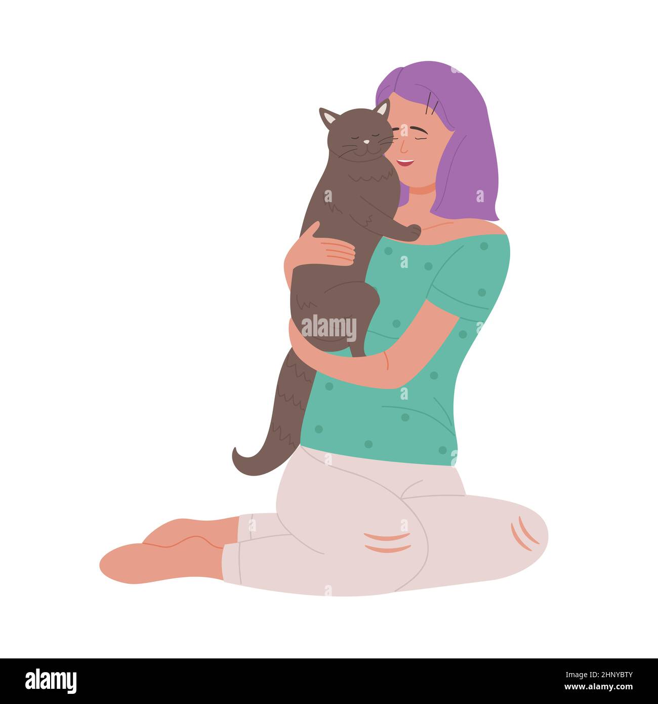 Cheerful teenager girl holding her lovely cat. Sitting girl embracing ...
