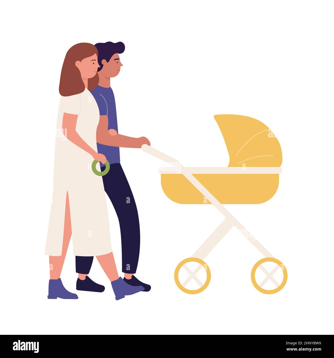 Young couple parents walking with newborn pram. Happy family with ...