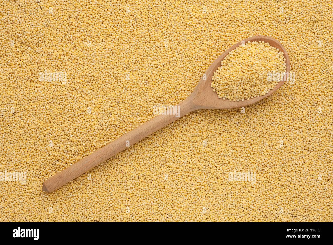 Wooden spoon with millet is on a bunch of millet, can be used as ...