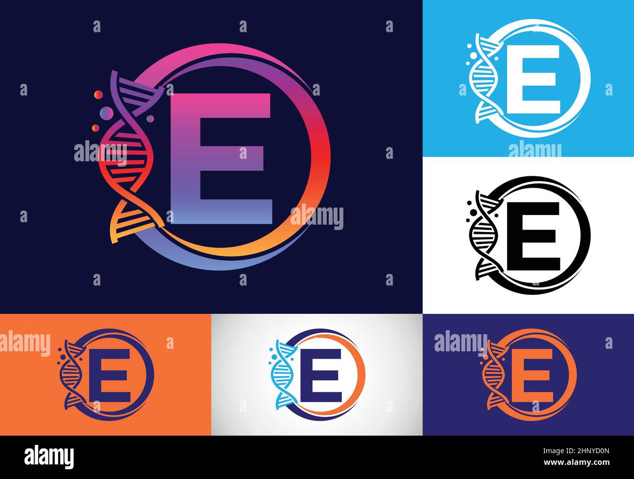 Initial E monogram alphabet in a circle with DNA. Genetics logo design ...