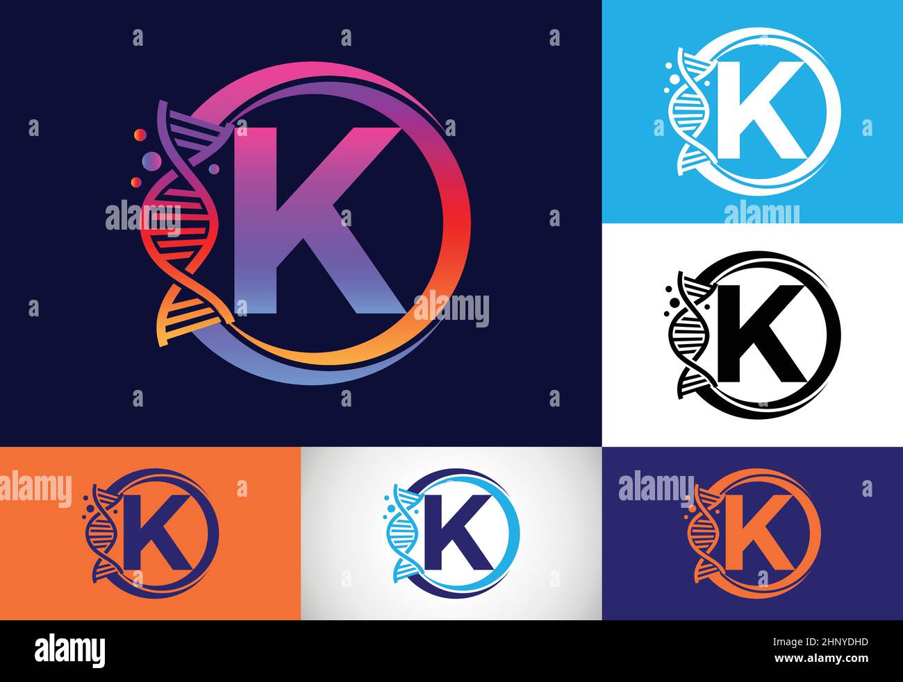 Initial K monogram alphabet in a circle with DNA. Genetics logo design ...