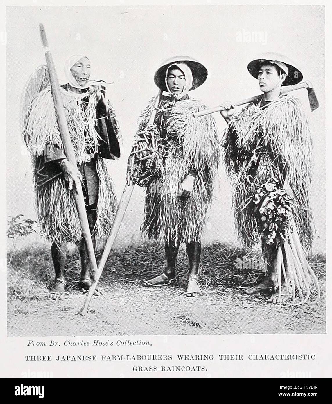 Three Japanese farm labourers wearing grass raincoats from The living ...