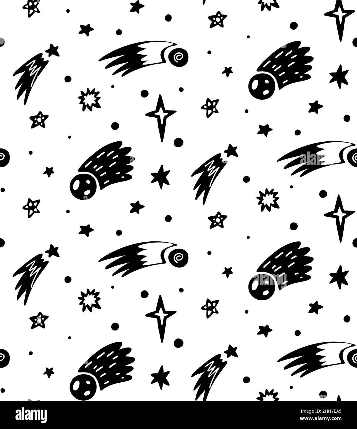 Vector monochrome seamless childish cosmos pattern with stars, comet ...
