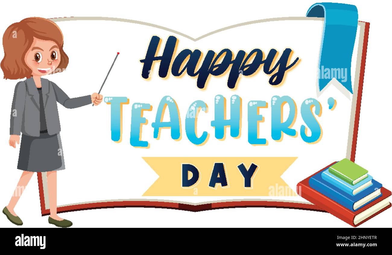 Happy Teachers Day word banner with a woman teacher illustration Stock ...