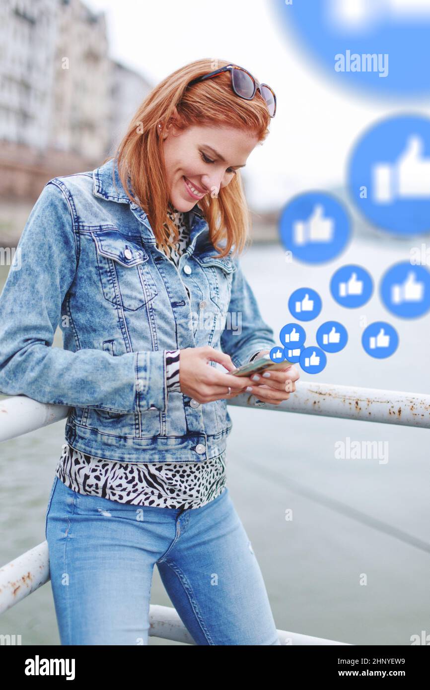 Happy young redhead Caucasian woman get like reactions on post Stock ... Happy young redhead Caucasian woman get like reactions on post Stock ...
