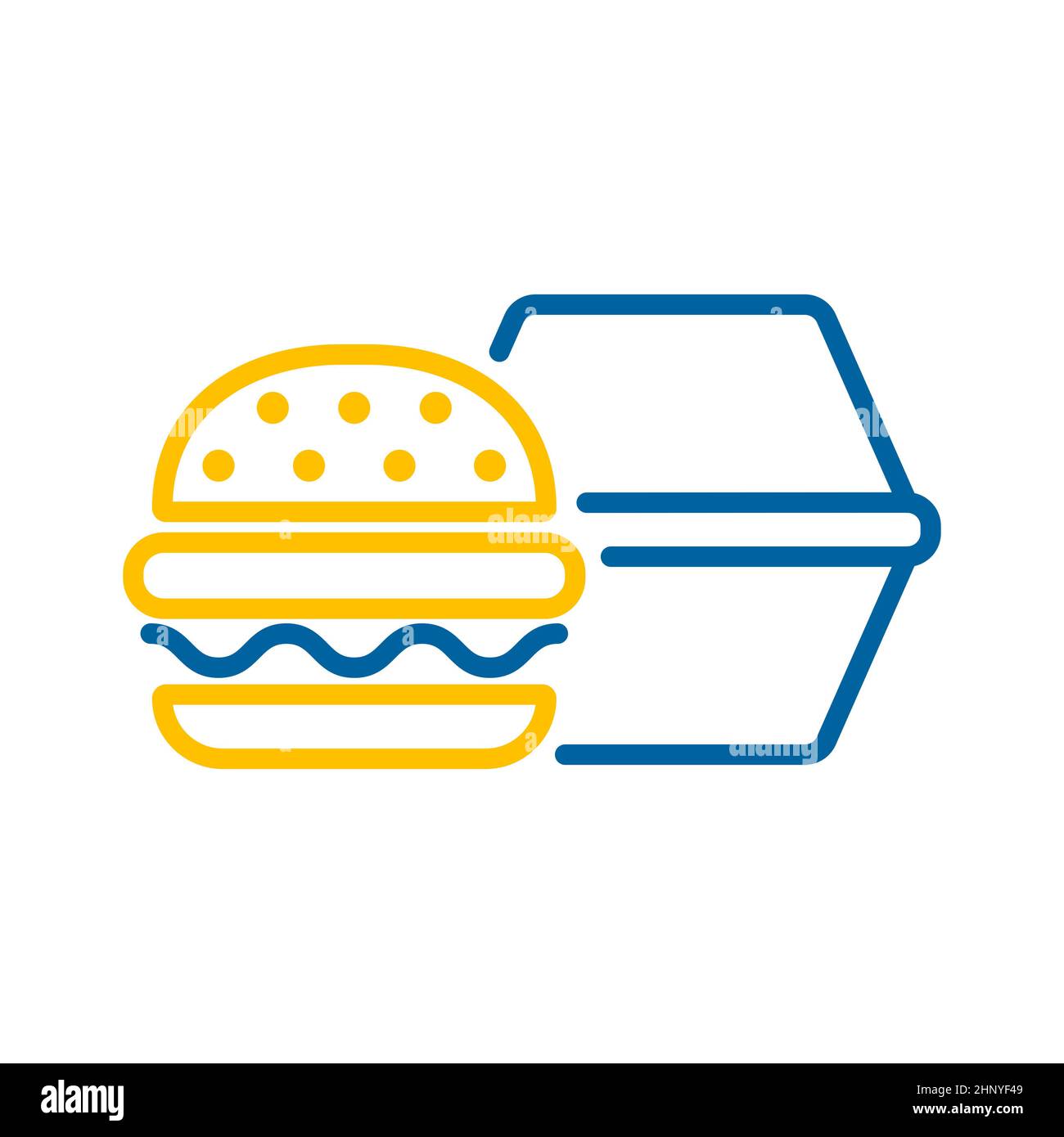 Burger with closed cardboard box vector isolated icon. Delivery sign ...