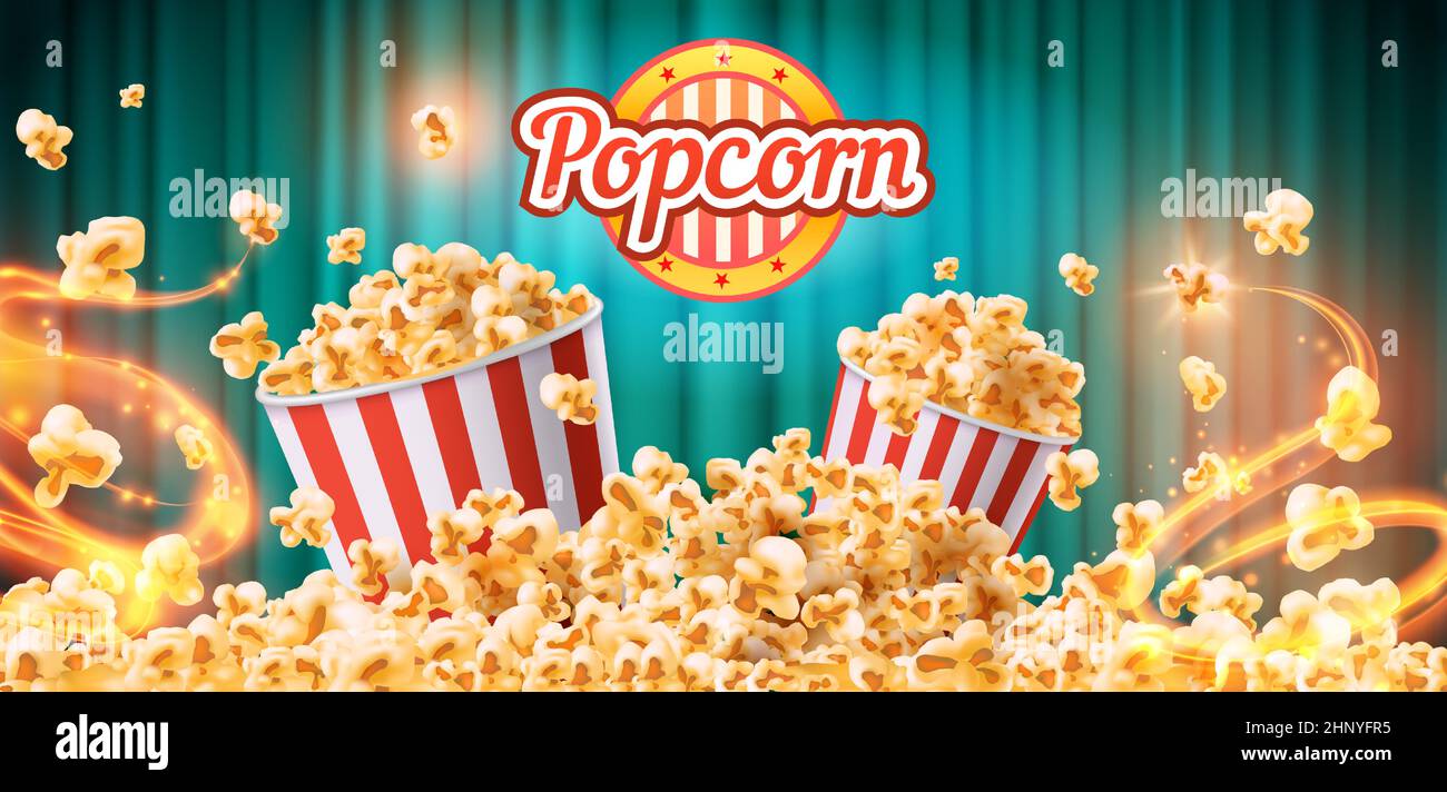 Crunchy popcorn snack ad poster with striped buckets and grains. Sweet ...