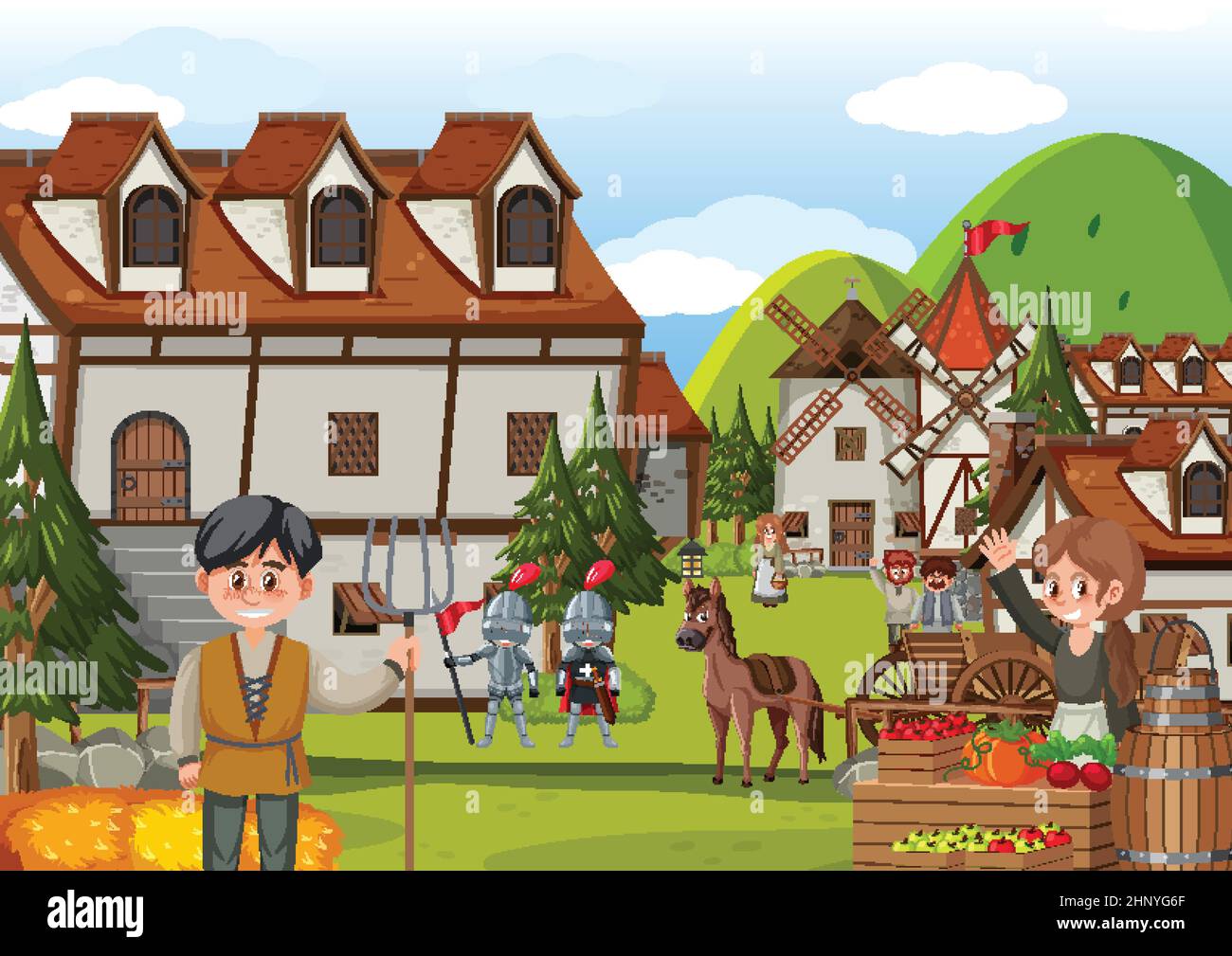 Ancient medieval village scene with villagers illustration Stock Vector ...