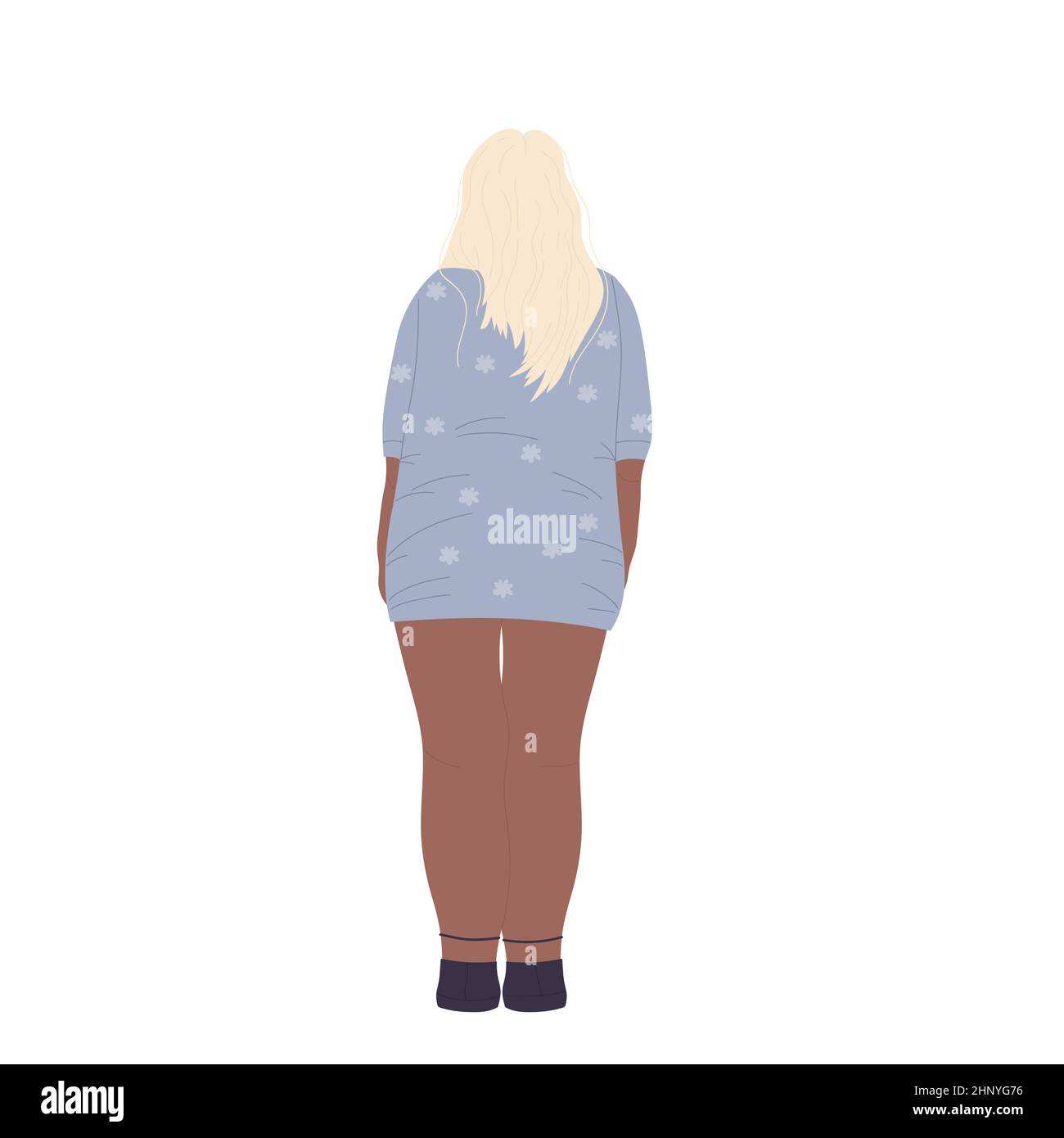 Backside of standing overweight blonde young girl. Casual dressed lady ...