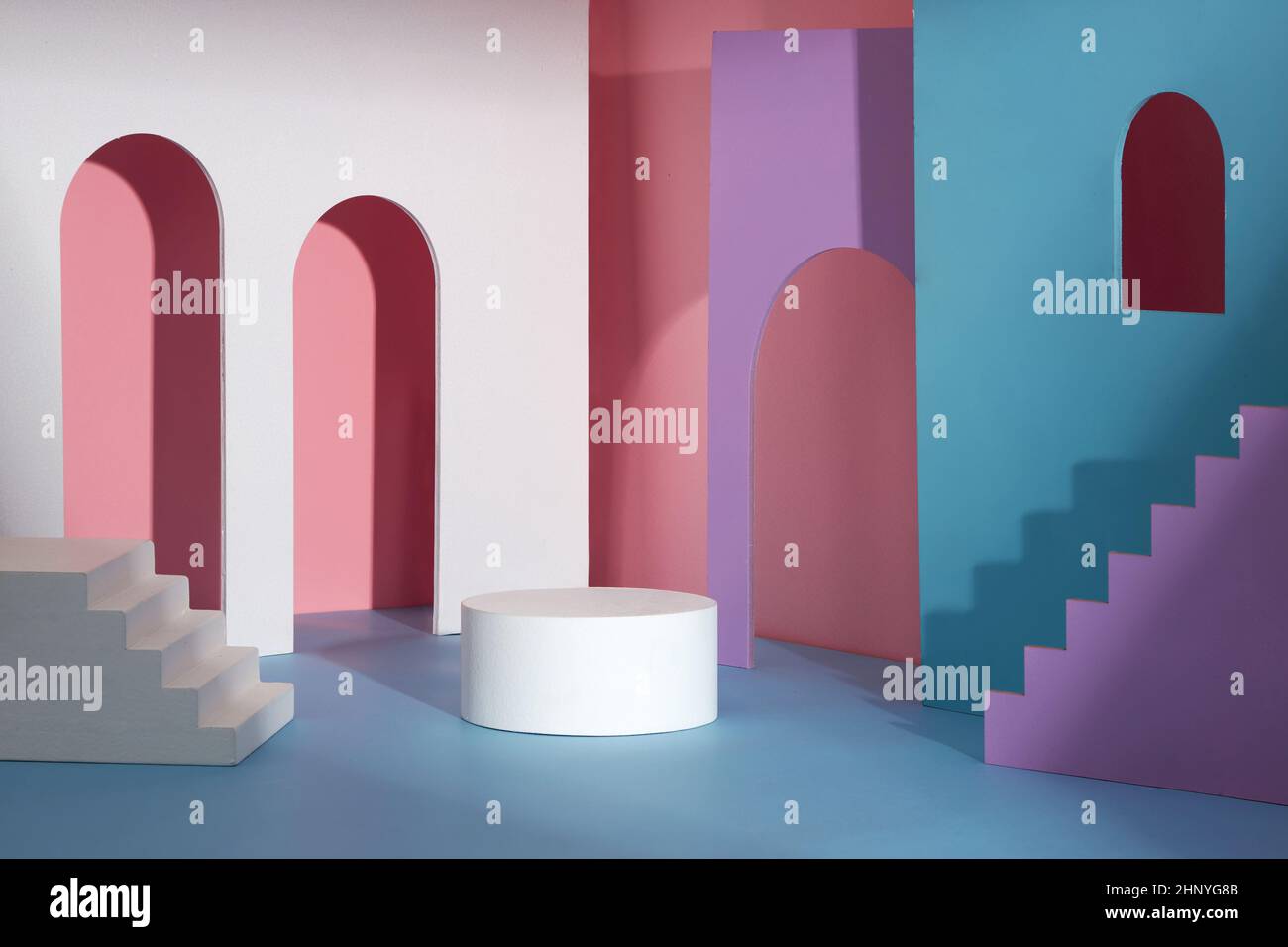 Colorful arch and stairway decorated in pink background Stock Photo - Alamy