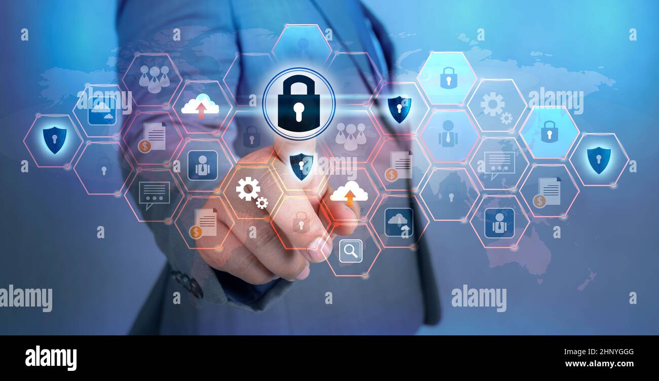 button on virtual screen pressed with finger Global network security ...