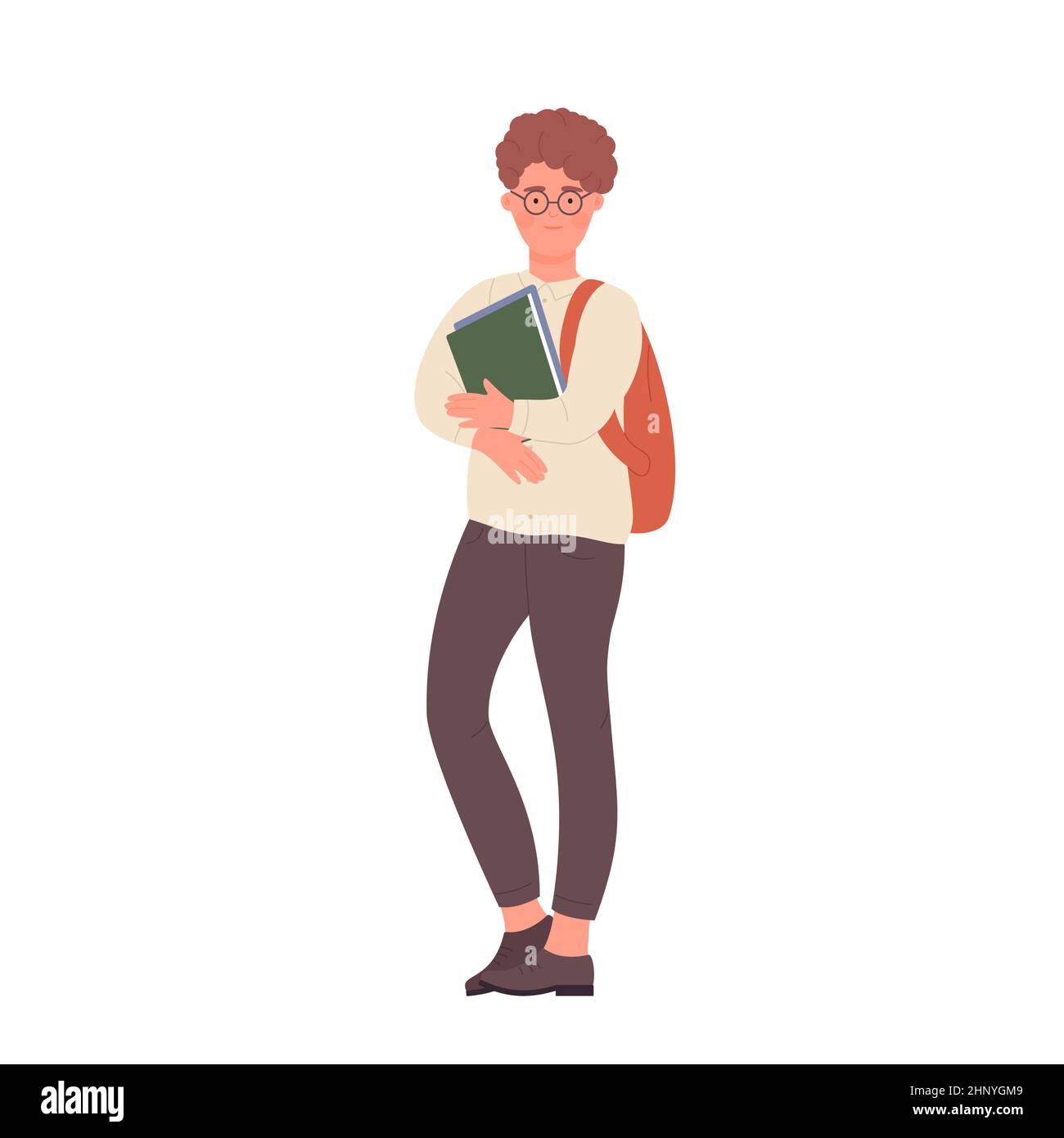 Teenager student with glasses holding book. Standing pupil posture with ...