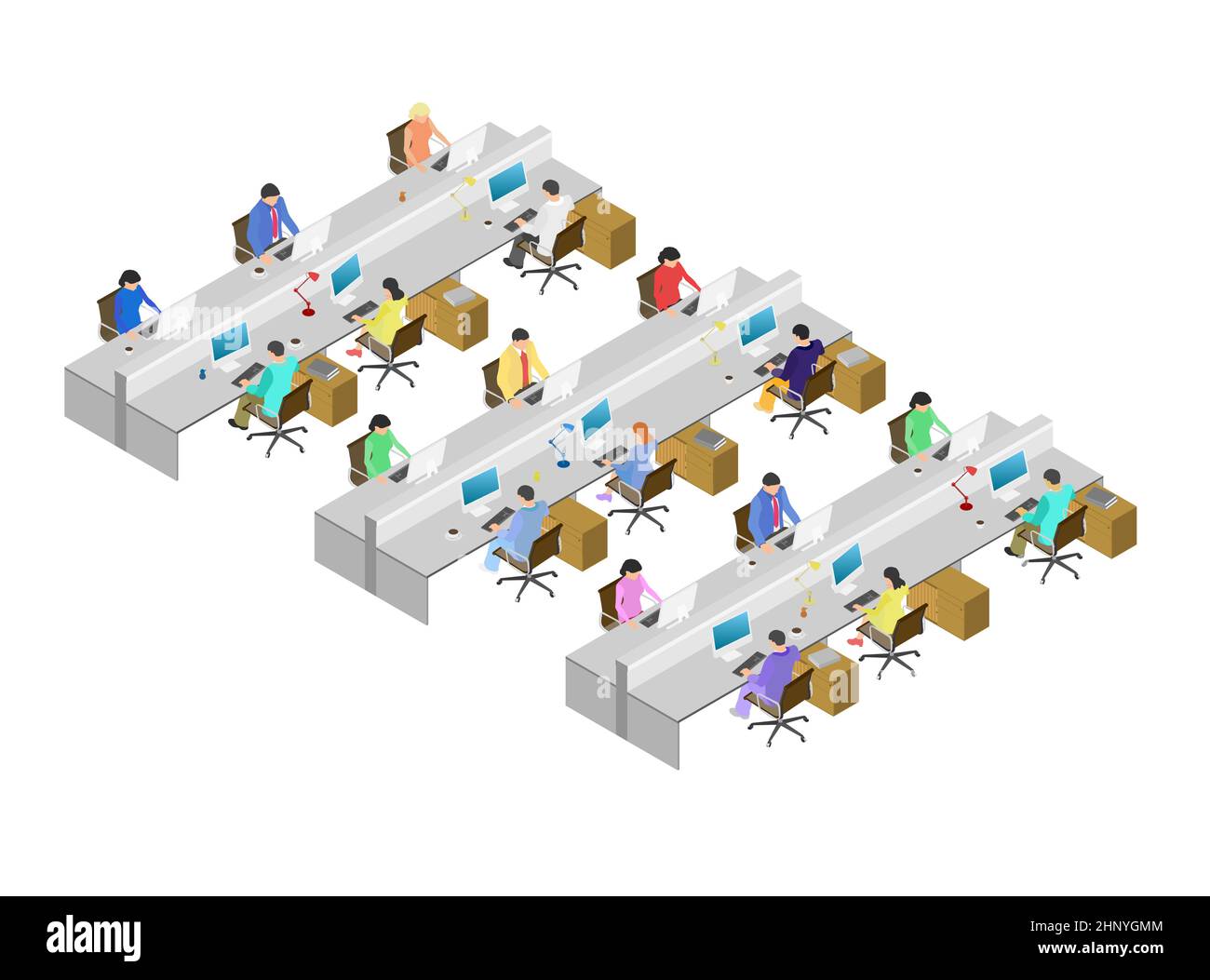 Office with people working on computers. Lots of people sit in chairs ...