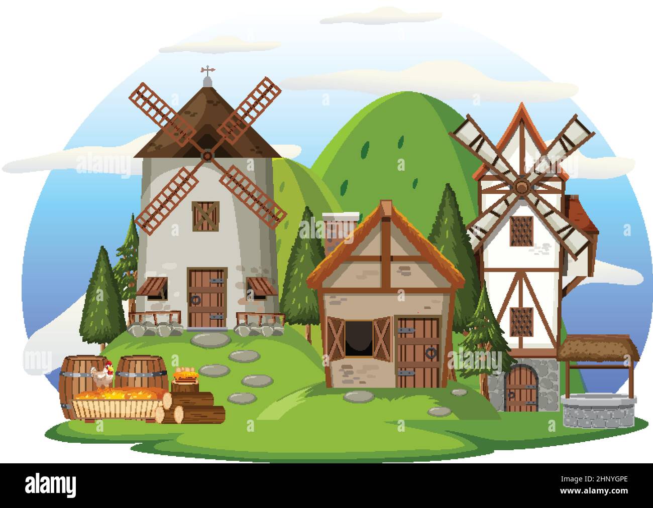 Isolated ancient medieval village illustration Stock Vector Image & Art ...
