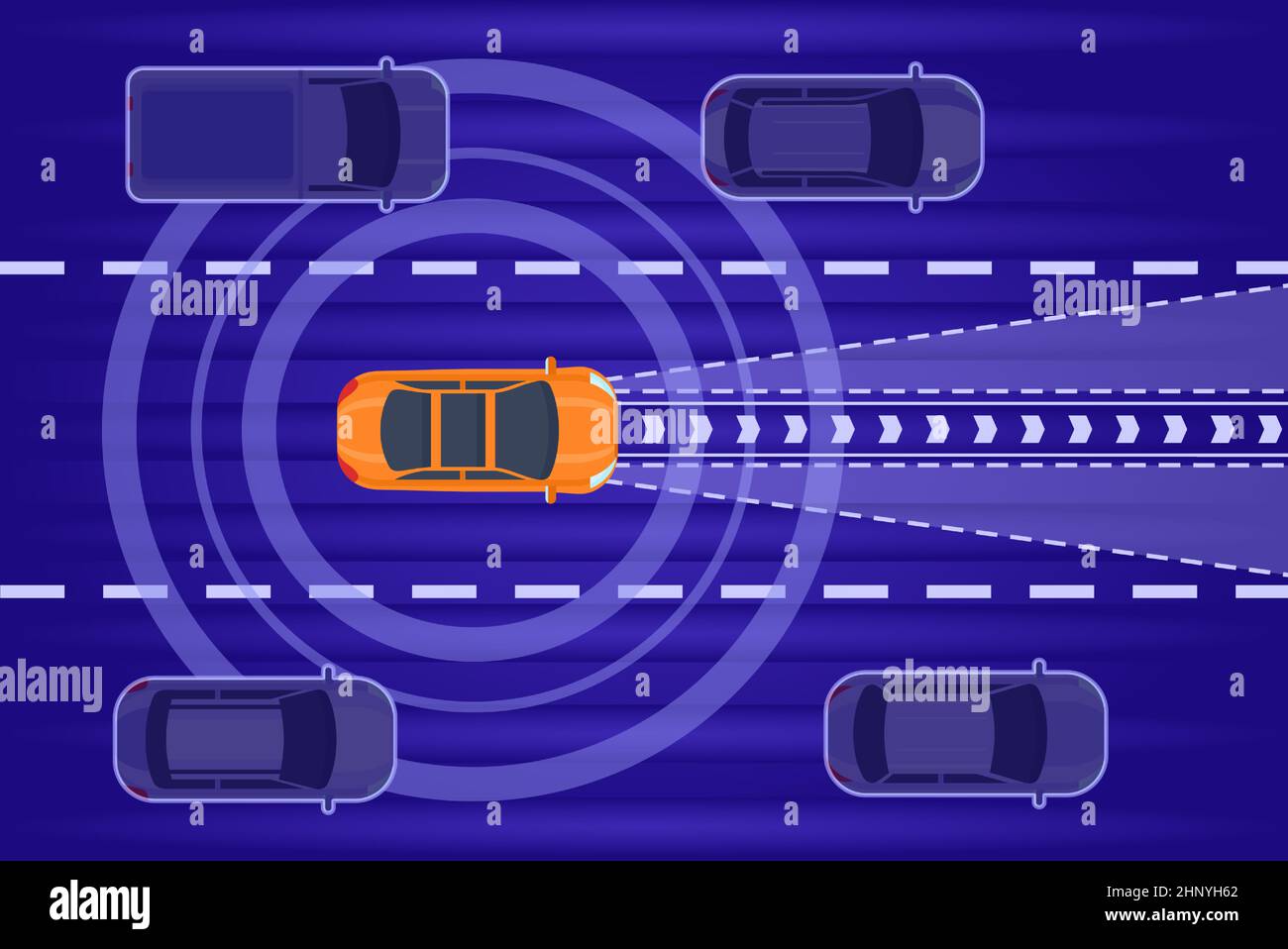 Smart autonomous car drive in traffic top view. Future car with radar ...