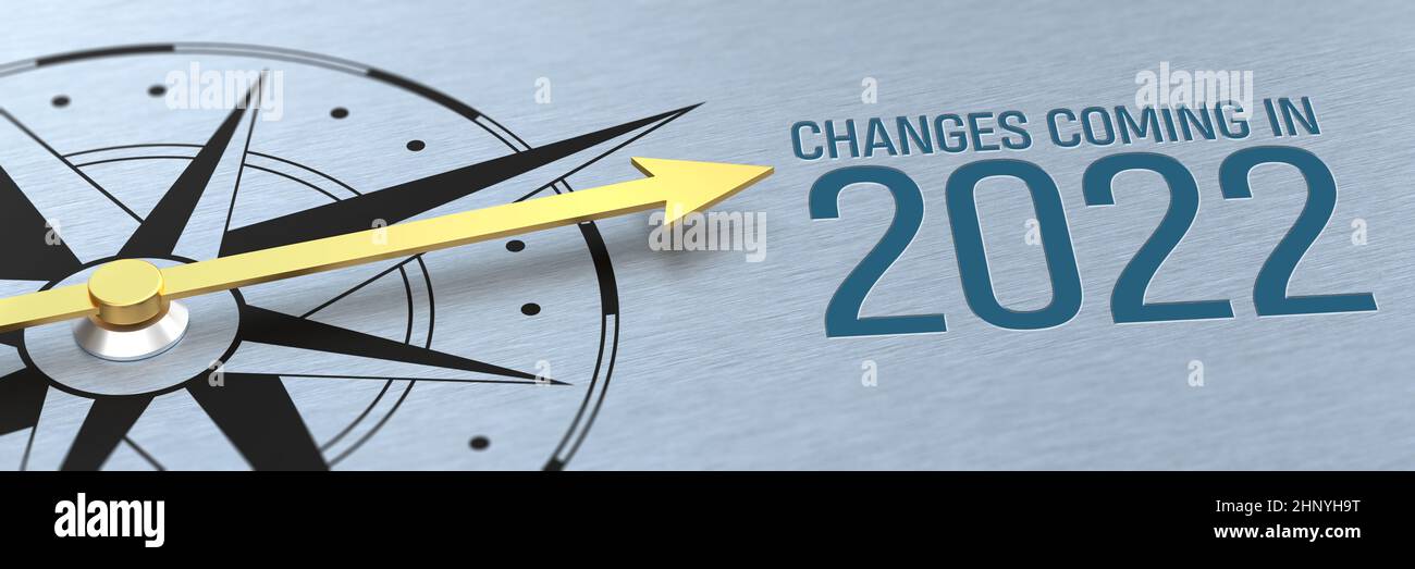 Compass needle pointing to the text Changes coming in 2022 - 3d render ...