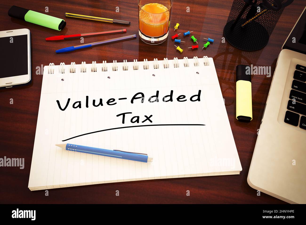 VAT - Value-added Tax - handwritten text in a notebook on a desk - 3d ...