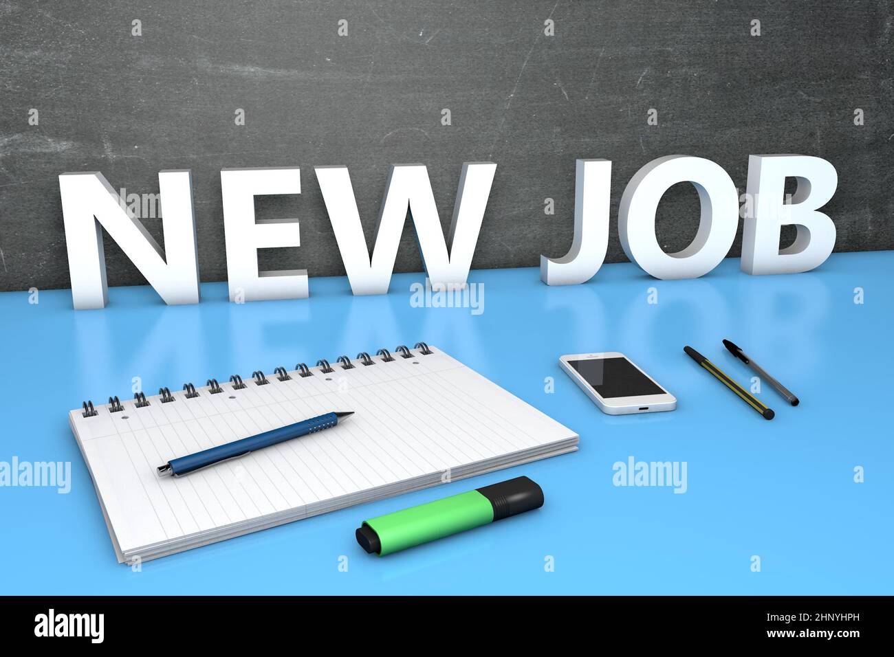 New Job - text concept with chalkboard, notebook, pens and mobile phone ...