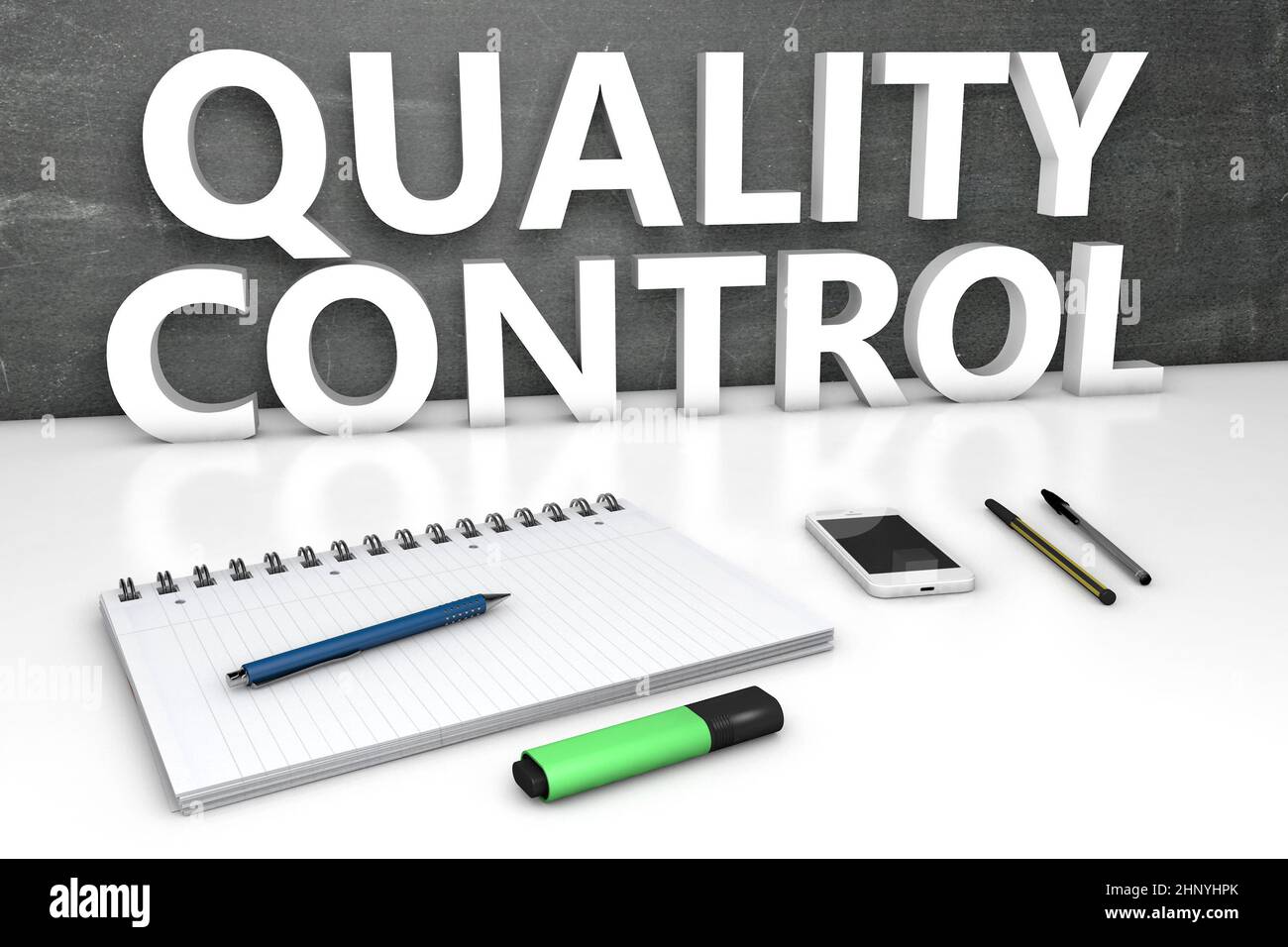 Quality Control - text concept with chalkboard, notebook, pens and ...