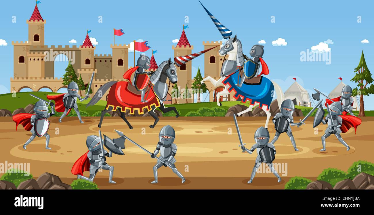 Outdoor scene with medieval warriors fighting in battle illustration ...