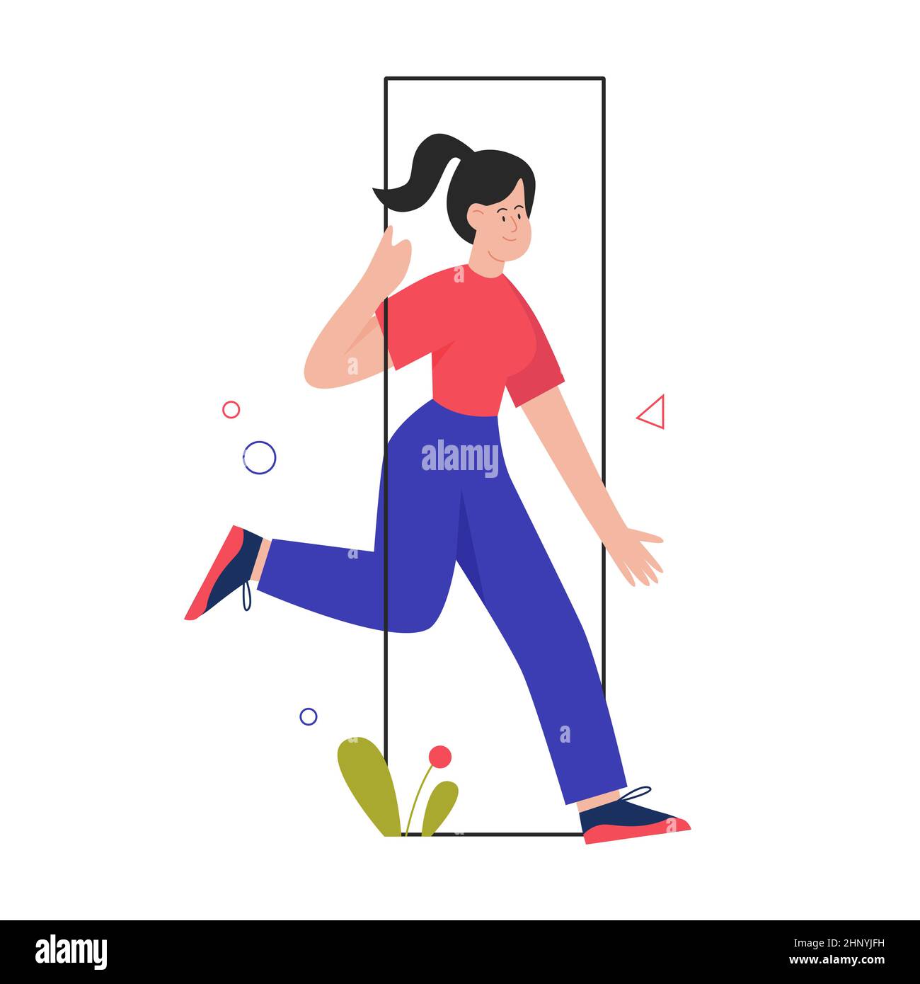 Cute running cute girl in rectangle frame shape. Lady organizing basis ...