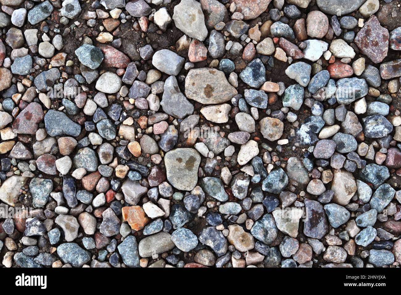 Detailed close up view on pebbles and stones on a gravel ground texture ...
