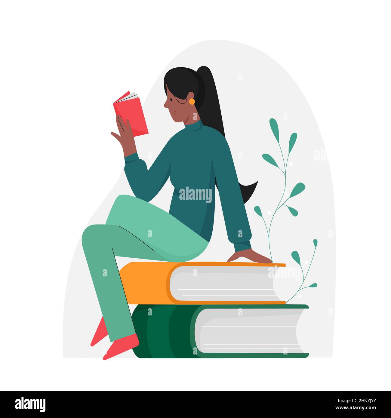 Cute young girl reading on stack of books. Literature lover spending ...