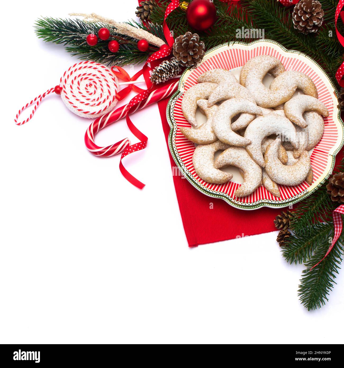 Christmas top view frame composition with copy space - branches, candy ...