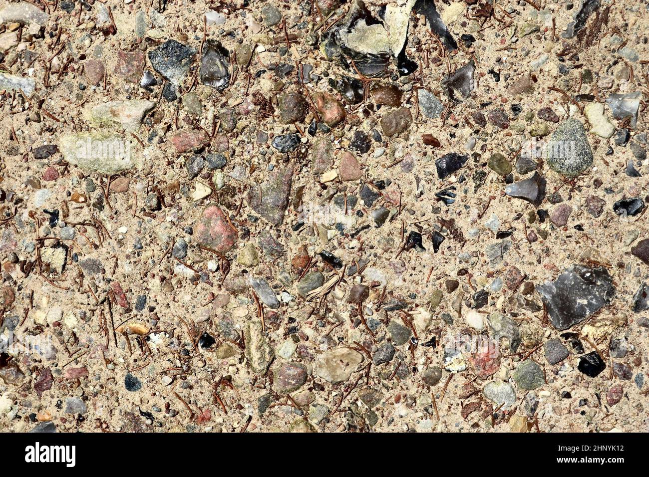 Detailed close up view on pebbles and stones on a gravel ground texture ...