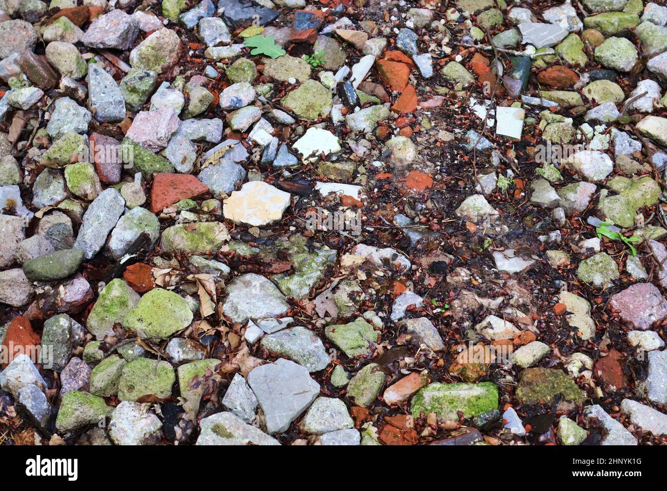 Detailed close up view on pebbles and stones on a gravel ground texture ...