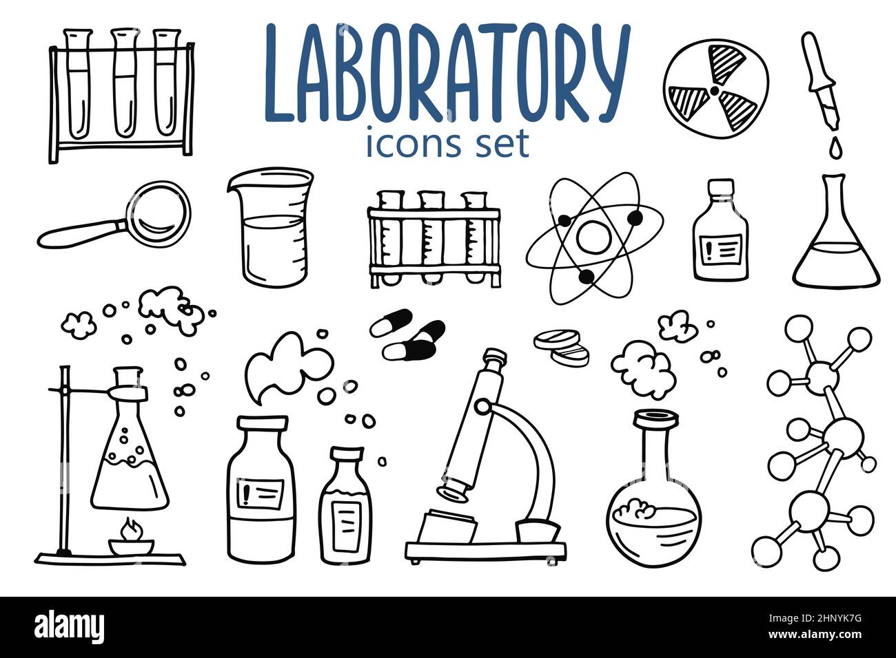 Laboratory chemistry symbols icon set. Science subject doodle design ...