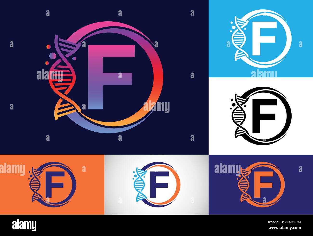 Initial F monogram alphabet in a circle with DNA. Genetics logo design ...