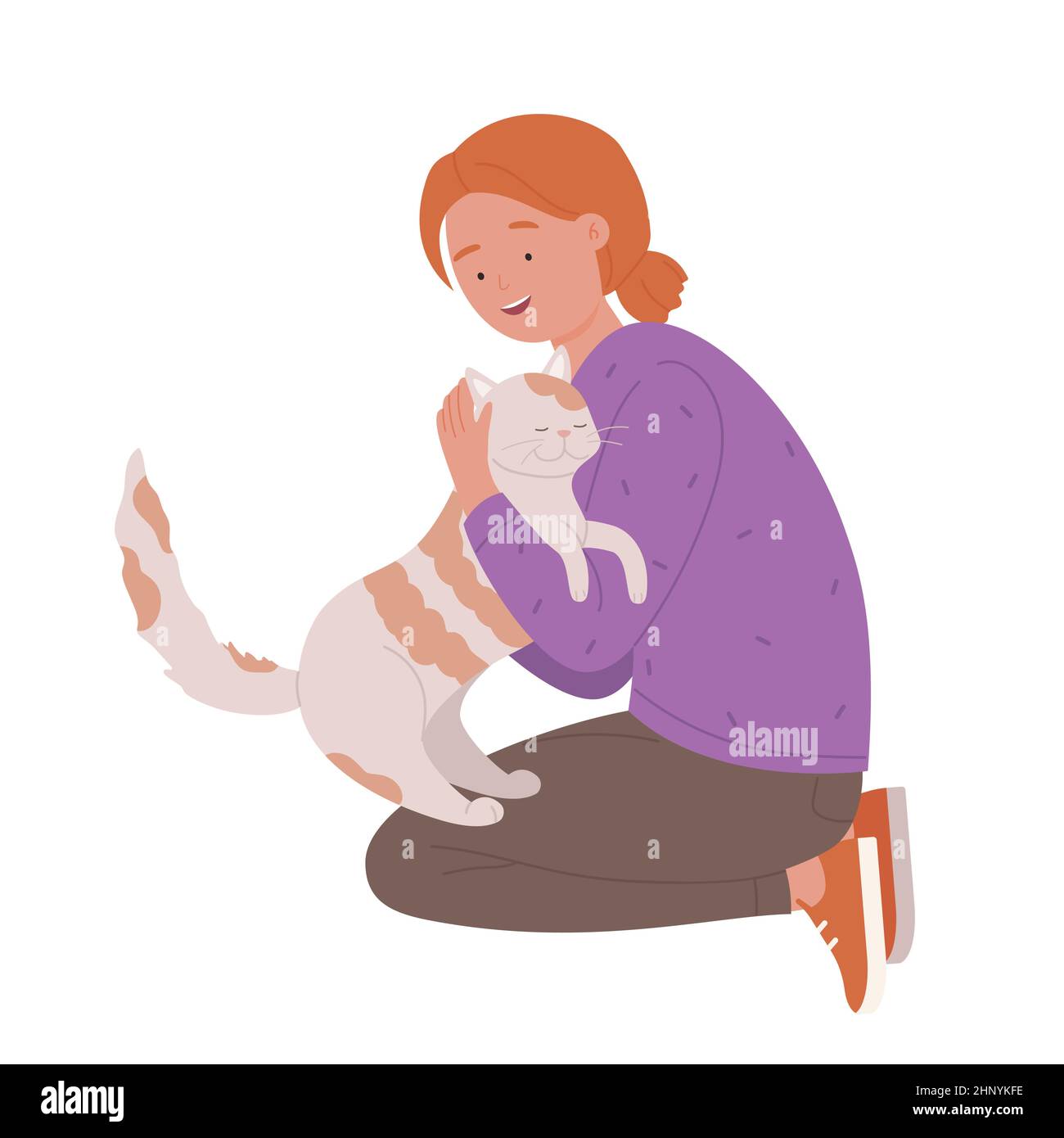 Happy smiling girl lovely hugging her lovely cat. Playing and admiring ...