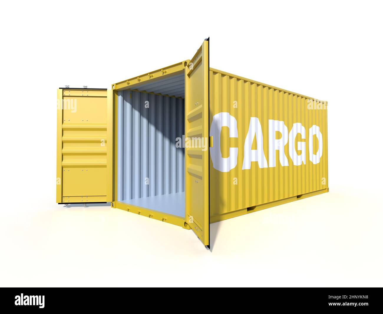 Empty ship container with the word CARGO on the side, with open doors ...