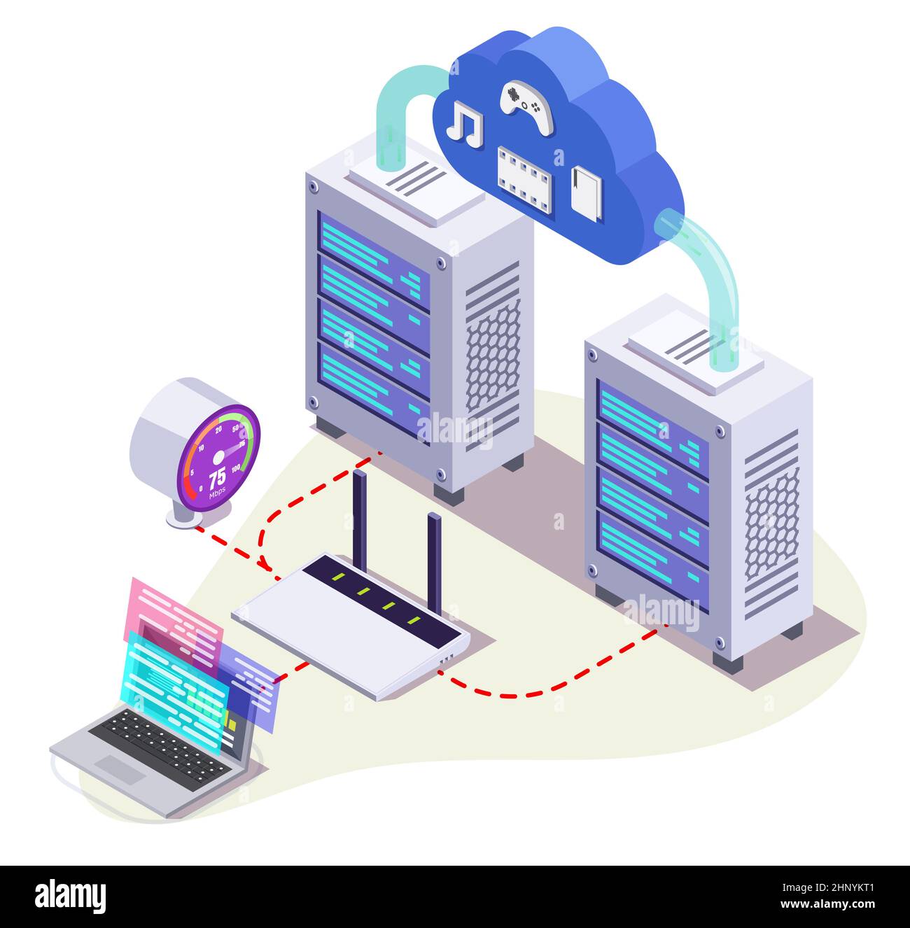 Server racks, wifi router, laptop computer and cloud, vector isometric ...