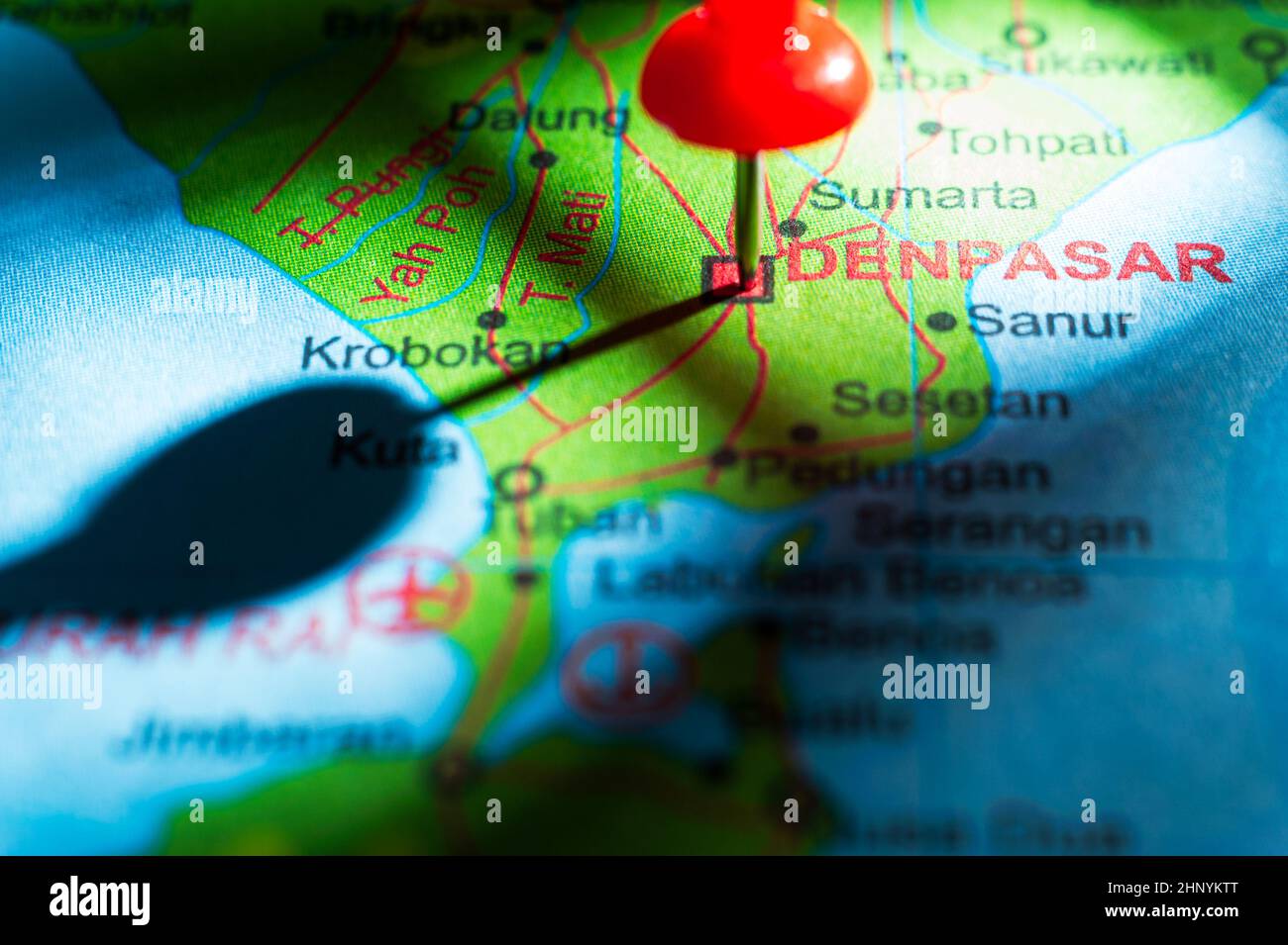 The red push pin shows the city of Denpasar, Bali ,Indonesia on the map ...